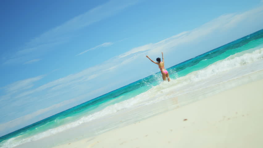 Beautiful Carefree Girl Pink Bikini Enjoying Her Luxury Beach Lifestyle