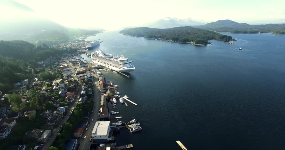 Aerial View Of The Juneau, Alaska Waterfront And Cruise Ship Dock As ...