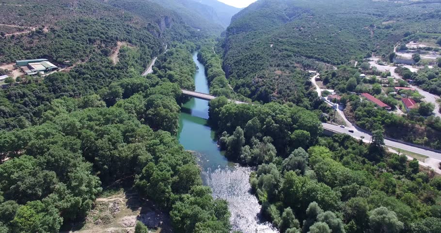 Aerial View Of The Bridge And The Road Over The River Pinios In The ...