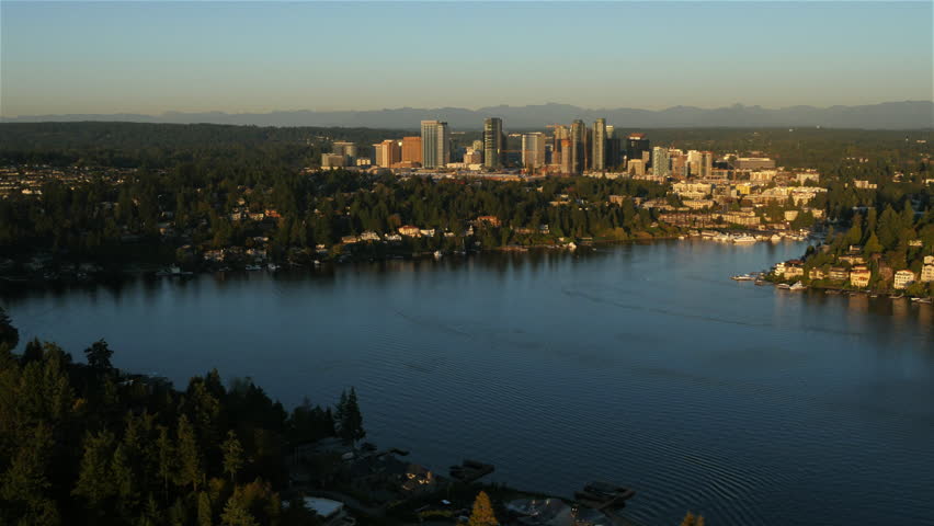 City Of Bellevue, Washington Aerial Over Lake Washington At Dusk ...