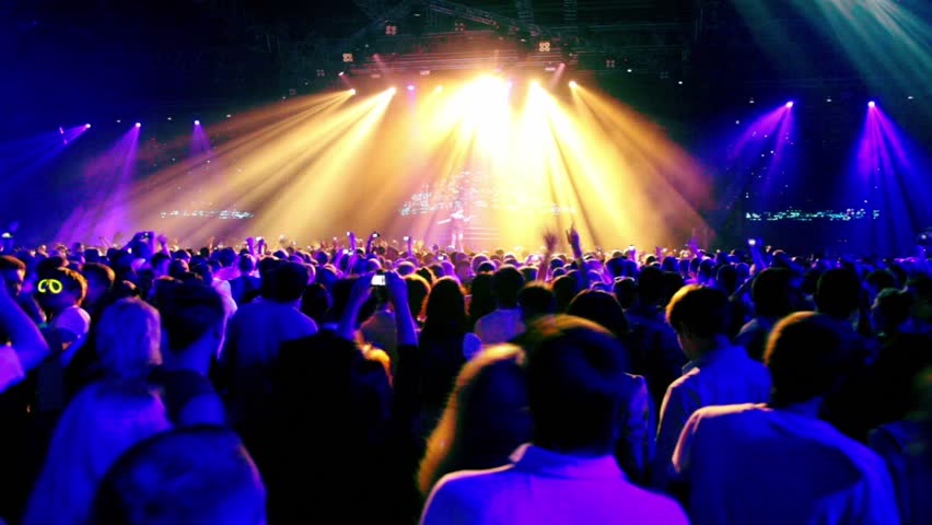 Crowd At Rave Party, People Dance In Blue Light Of Projectors Stock ...