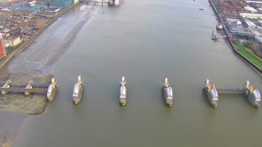 Aerial View Above London's Thames Barrier - A Flooding Defence System ...