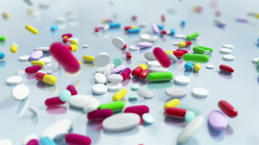 Medical Pills Falling Down. Medicine Concept. Treatment Many Coloured ...