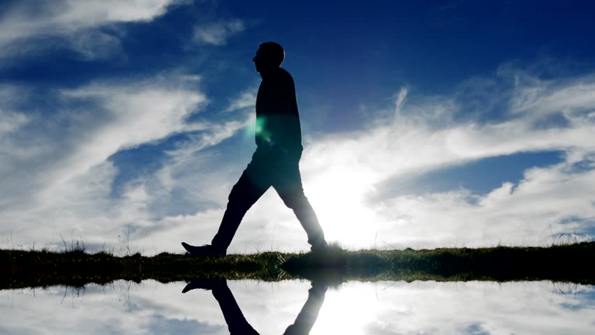 Male Person Walking Outdoors. Single Man Silhouette. Water Reflection ...