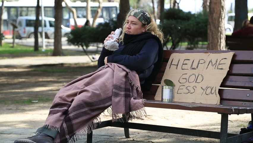 Homeless Alcoholic Woman Drinking Wine And Coughing On A Park Bench ...