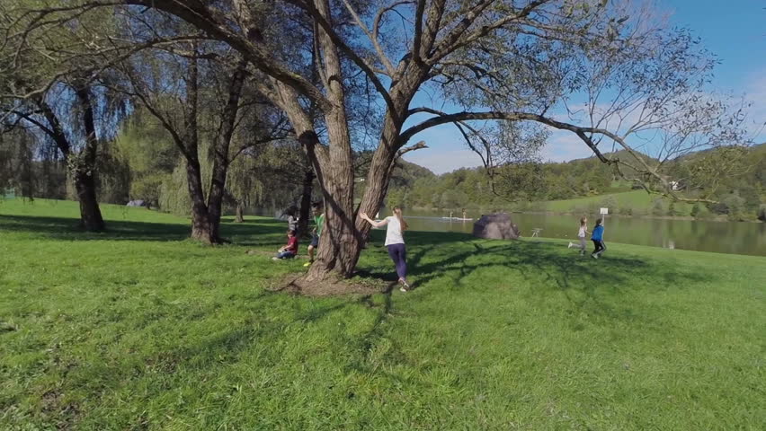 Children Playing Under The Big Trees . Slow Motion RAW Helicopter ...