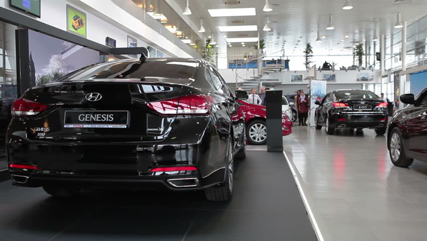 Luxury Car Dealership Showroom With Customers And Salesmen. Stock ...